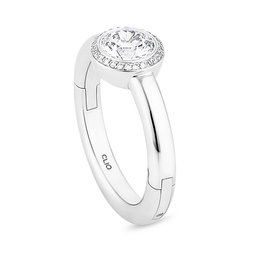 Riley bezel set solitaire engagement ring with halo polished finish